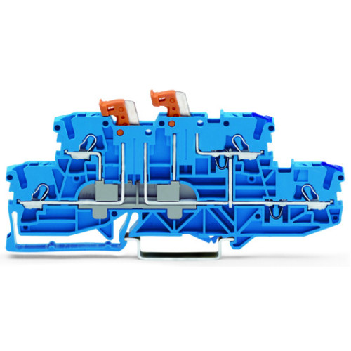 Double-deck, double-disconnect terminal block, with 2 pivoting knife ...